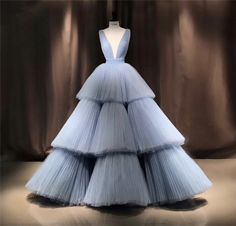 Dusty Blue Tiered Pleated Evening Gown on Luulla