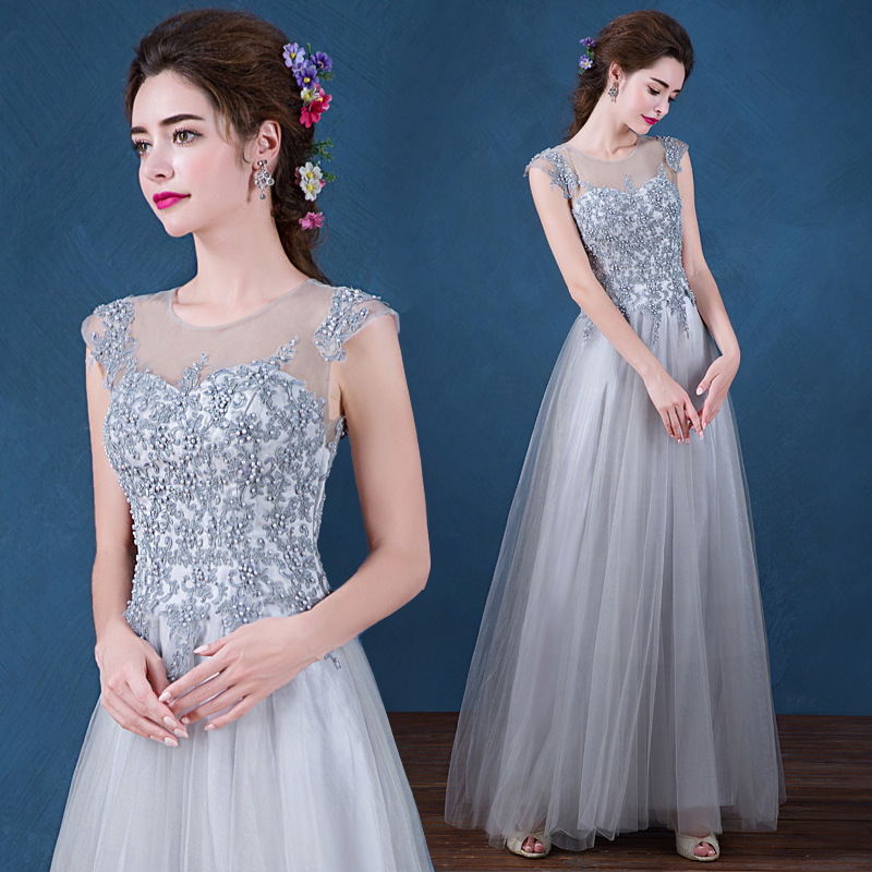 Sheer Neck Long Formal Occasion Dresses With Beads Floor Length Evening ...