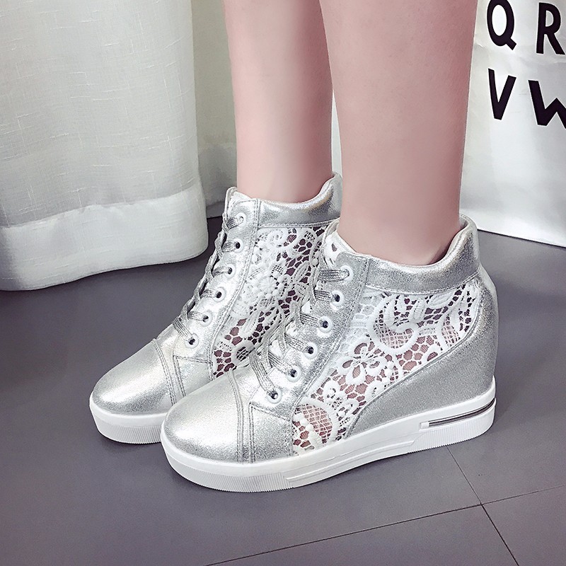 White Silver Leather Lace Women Shoes Platform Flats on Luulla