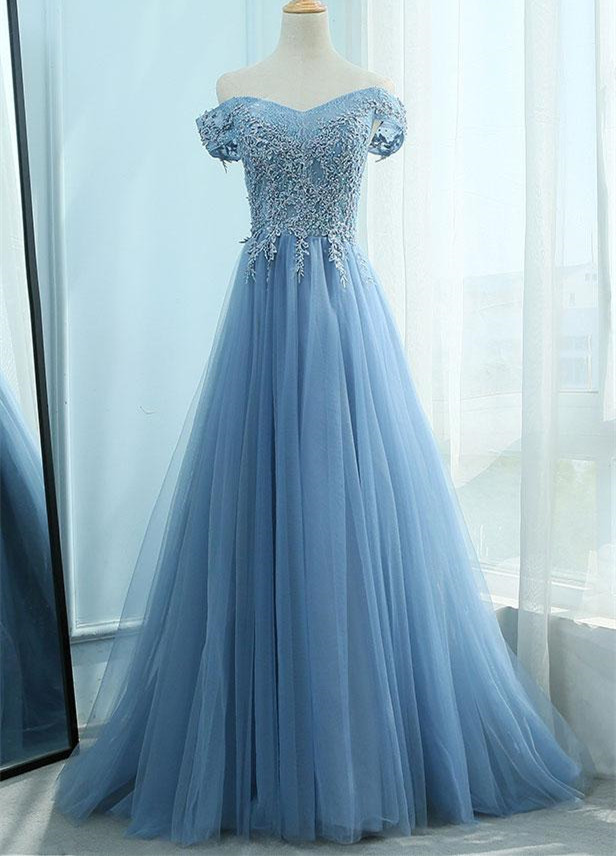 Off The Shoulder Blue Long Evening Gowns Floor Length Formal Occasion ...
