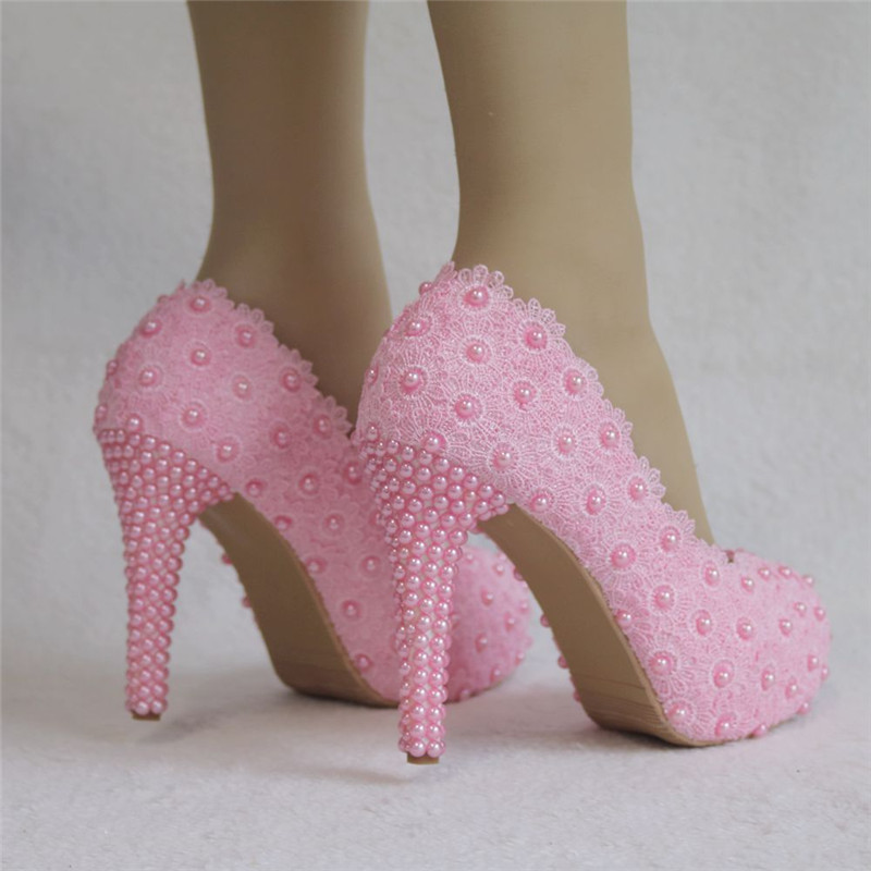 Platform Heels Pink Lace Women Wedding Shoes on Luulla