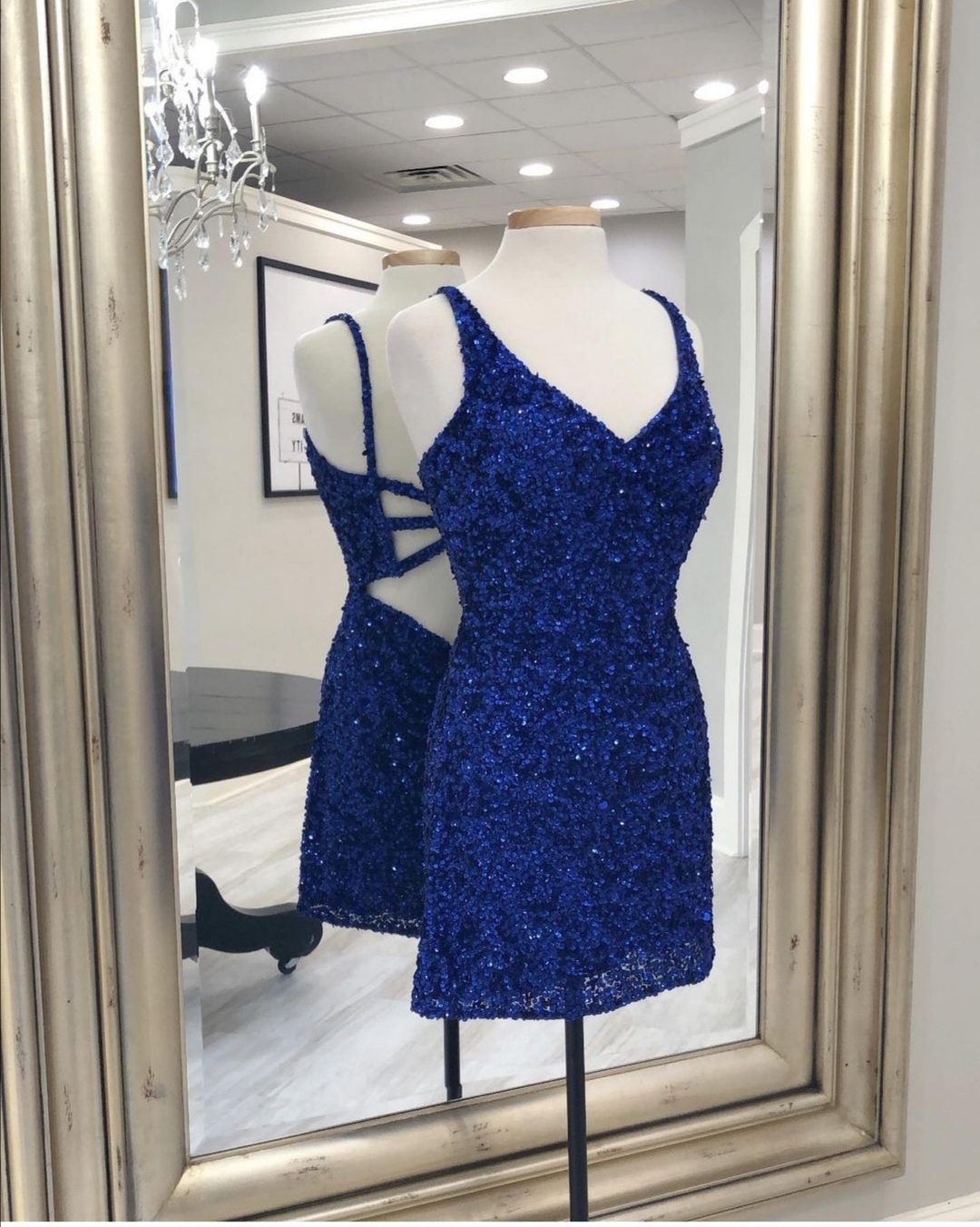 V Neck Royal Blue Sequin Bodycon Dress For Party on Luulla
