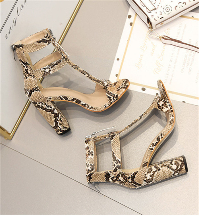 Snake Print T Strap Chunky Heeled Women Sandals on Luulla