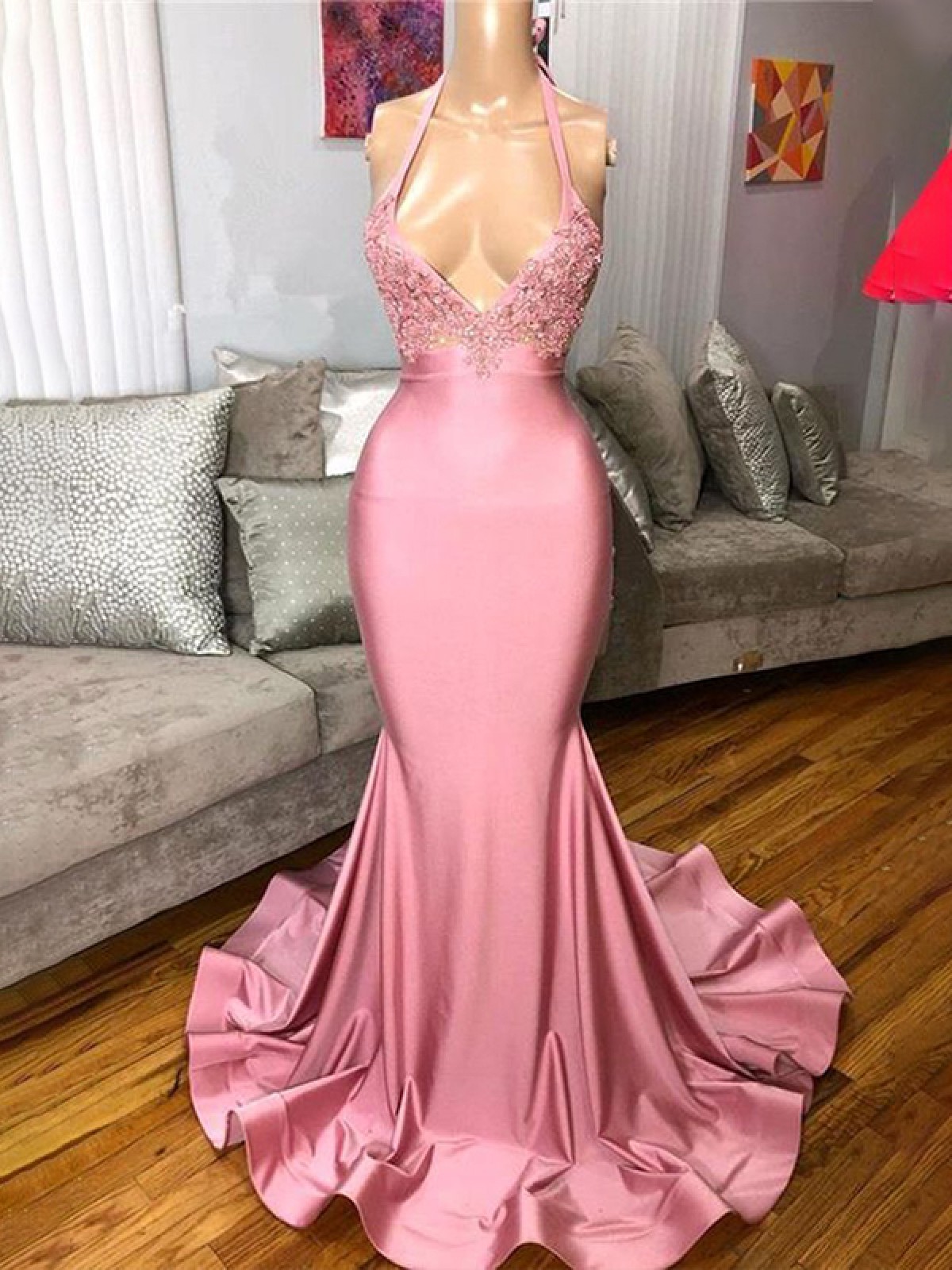 V Neck Backless Halter Prom Dress on Luulla