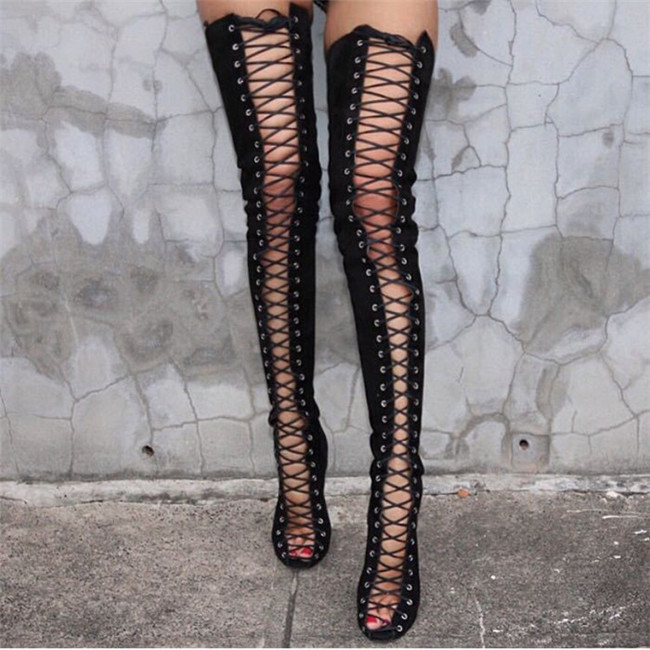 Peep Toe Lace-up Heeled Knee High Boots on Luulla