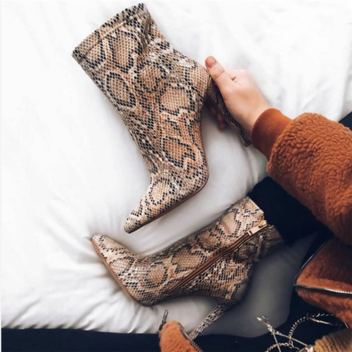 Side Zipper Snakeskin Print Heeled Ankle Boots on Luulla