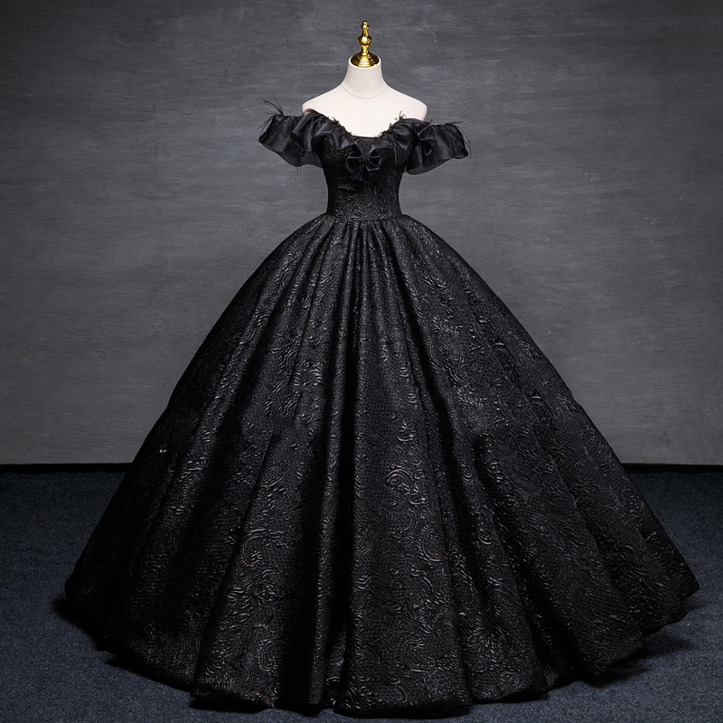 Off Shoulder Feather Details Black Ball Gown Evening Dress on Luulla