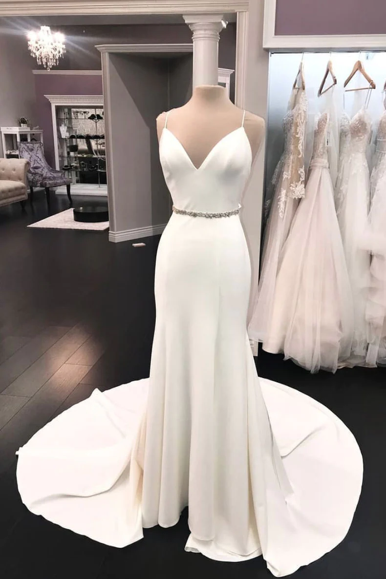 Sleeveless Simple Satin Wedding Dress With Removable Sash on Luulla