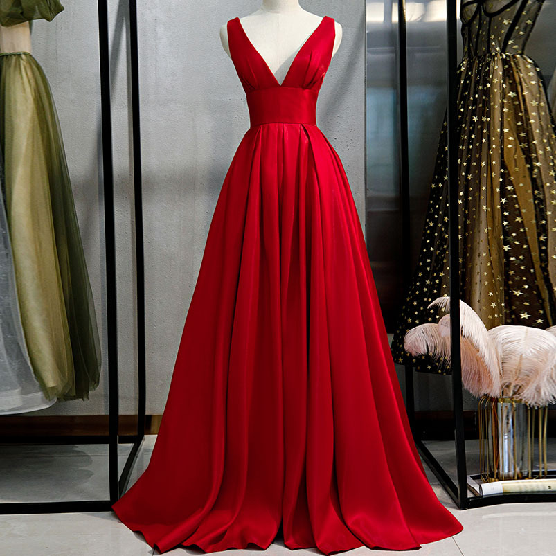 V Neck Red Satin Long Pageant Dress Evening Gown on Luulla