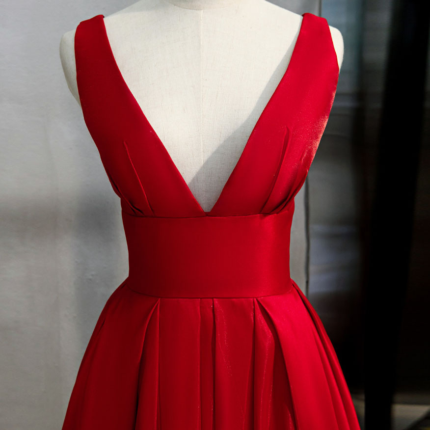 V Neck Red Satin Long Pageant Dress Evening Gown on Luulla