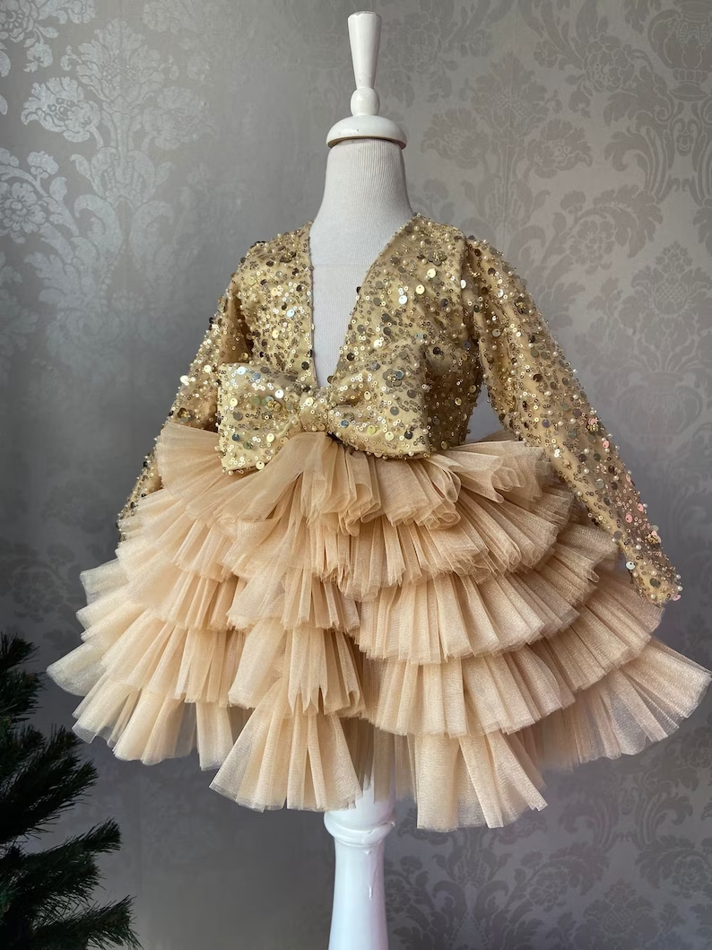 Deep V Neck Long Sleeves Girl Pageant Dress on Luulla