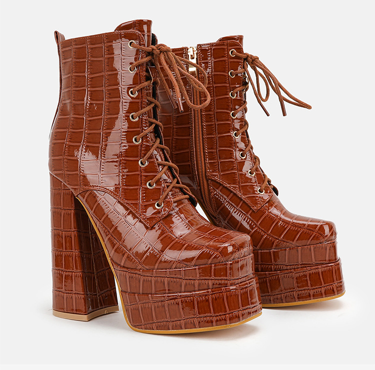 Retro-inspired Bold And Stylish Lace-up Brown Chunky Heel Booties on Luulla