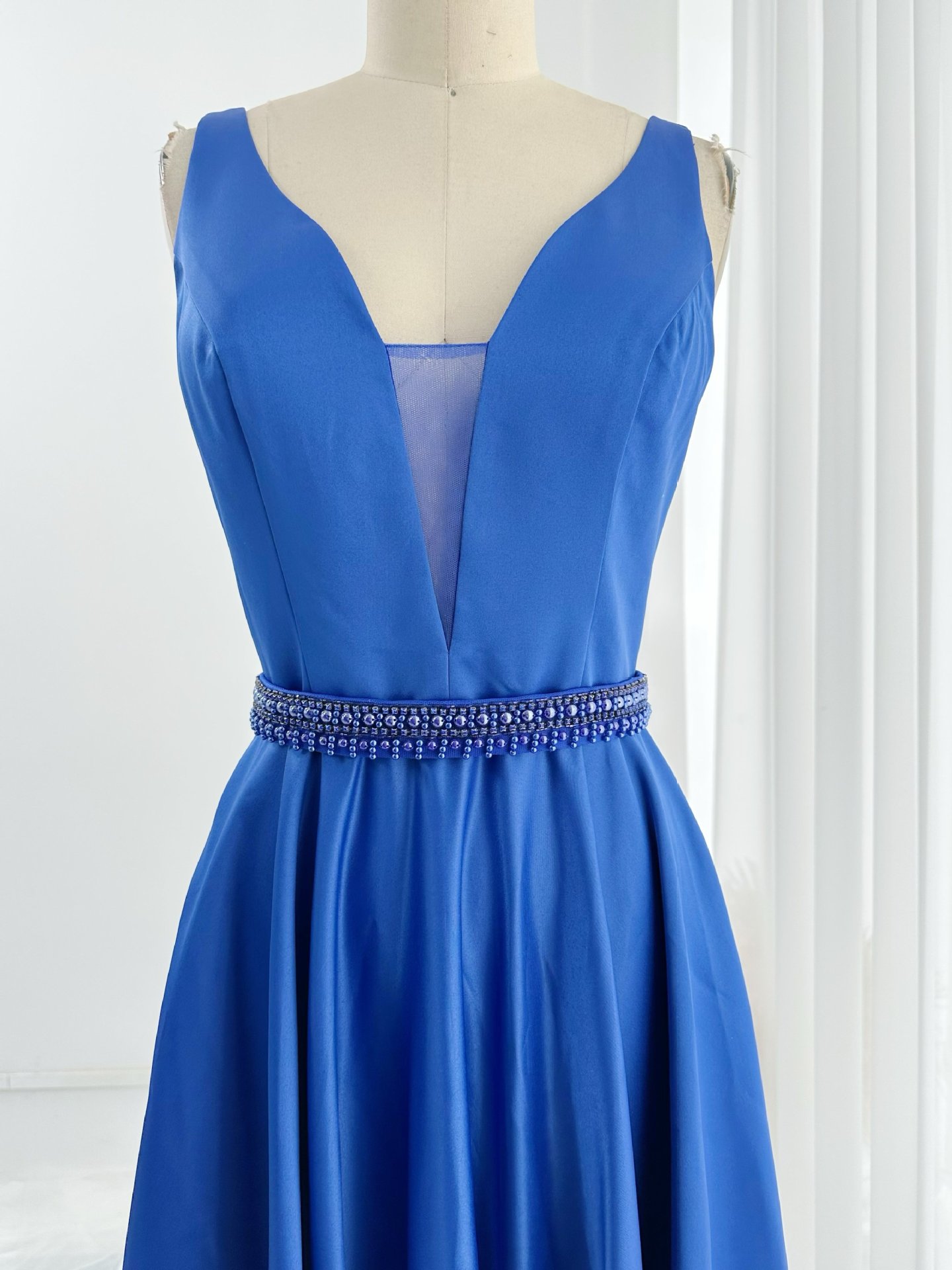 Plunging Neck Royal Blue Satin Prom Dress on Luulla