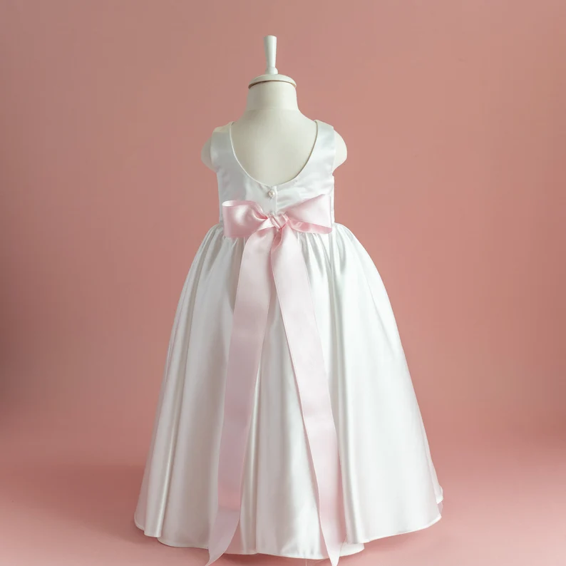 White Satin Flower Girl Wedding Dress With Pink Sash First Communion ...