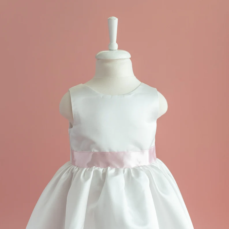 White Satin Flower Girl Wedding Dress With Pink Sash First Communion ...