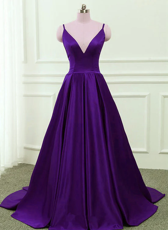 V Neck Purple Satin Prom Dress Long Formal Gown on Luulla