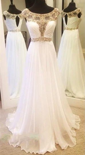 Gold Beaded Scoop Neckline Floor Length Chiffon Formal Occasion Dress