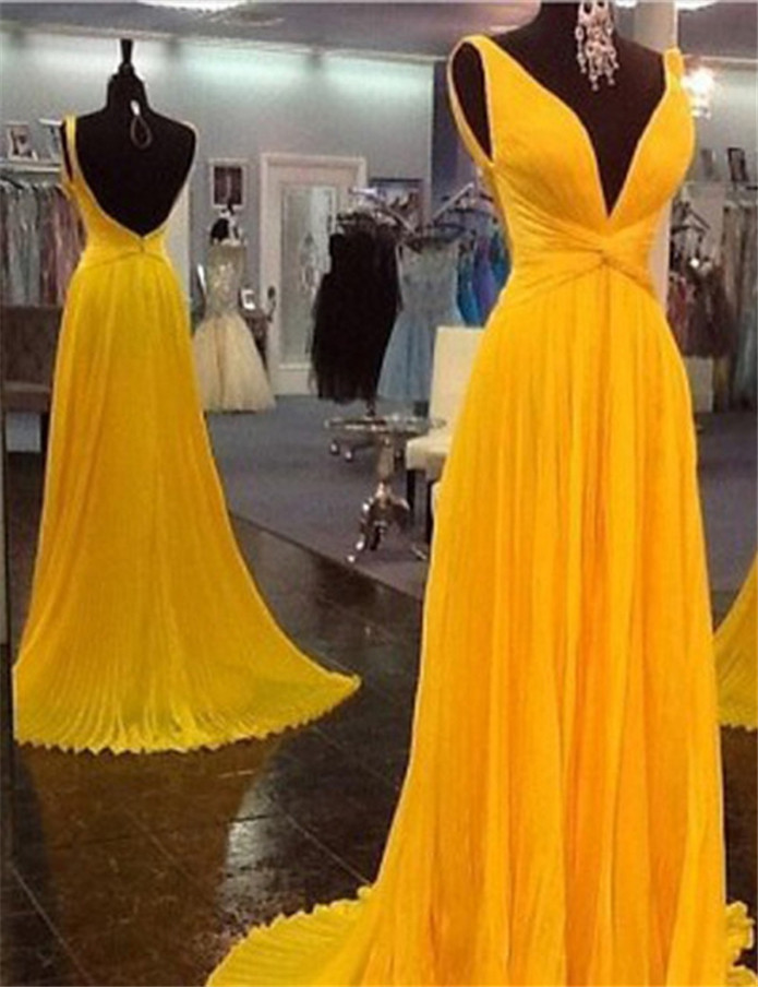 V Neck Yellow Chiffon Evening Dress With Open Back on Luulla