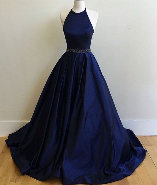 Navy Halter Prom Dress With Beaded Waist on Luulla